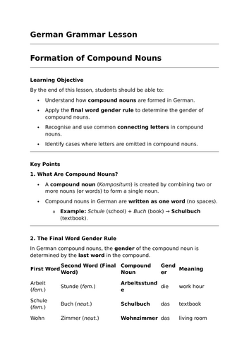 Formation of Compound Nouns - GCSE German Grammar Lesson | Teaching ...