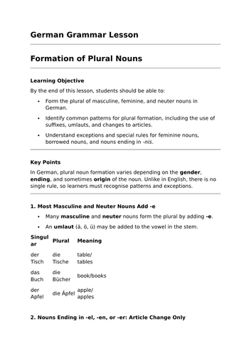 Formation of Plural Nouns - GCSE German Grammar Lesson | Teaching Resources