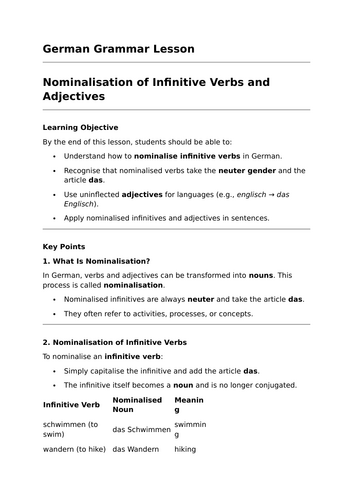 Nominalisation of Infinitive Verbs and Adjectives - GCSE German Grammar ...