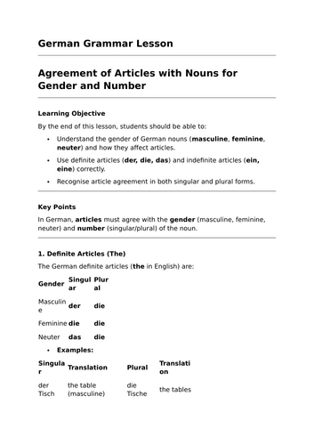 Article Agreement - GCSE German Grammar Lesson | Teaching Resources