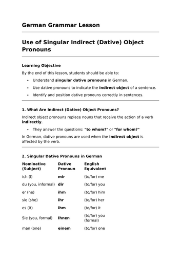 Singular Indirect Object Pronouns - GCSE German Grammar Lesson ...