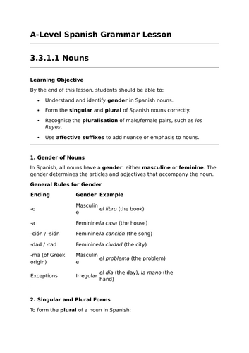 Nouns - A-Level Spanish Grammar | Teaching Resources