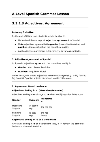 Adjective Agreement - A-Level Spanish Grammar | Teaching Resources