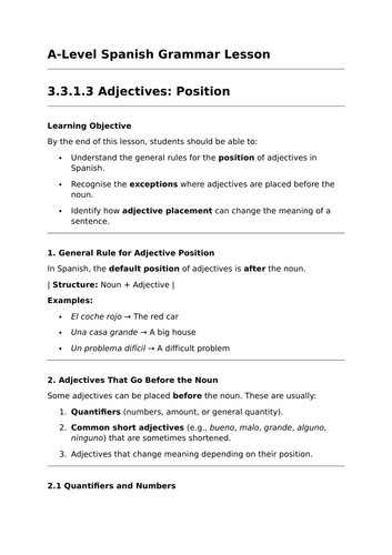 Adjectives: Position - A-Level Spanish Lesson | Teaching Resources