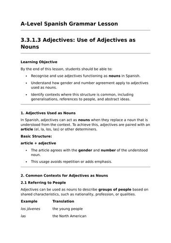 Use of Adjectives as Nouns - A-Level Spanish Grammar | Teaching Resources