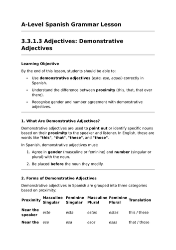 Demonstrative Adjectives - A-Level Spanish Grammar | Teaching Resources