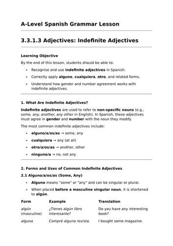 Indefinite Adjectives - A-Level Spanish Grammar | Teaching Resources
