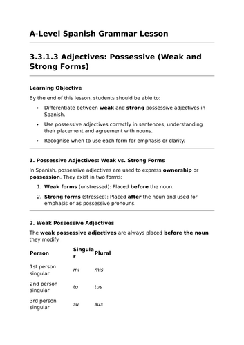 Possessive Adjectives - A-Level Spanish Grammar | Teaching Resources