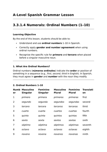 Ordinal Numbers - A-Level Spanish Grammar | Teaching Resources