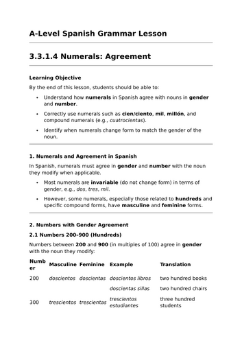 Agreement of Numbers - A-Level Spanish Grammar | Teaching Resources