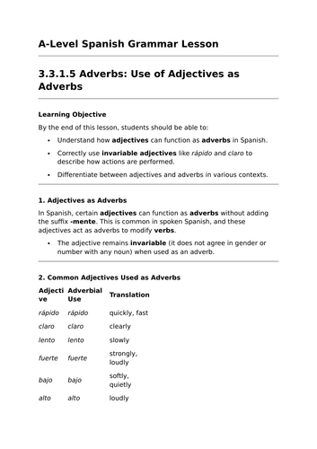 Using Adjectives as Adverbs - A-Level Spanish Grammar Lesson | Teaching ...