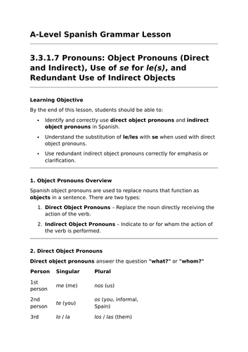 Direct and Indirect Object Pronouns - A-Level Spanish Grammar ...