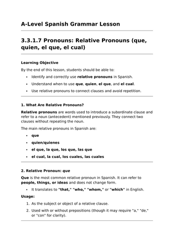 Relative Pronouns - A-Level Spanish Grammar | Teaching Resources