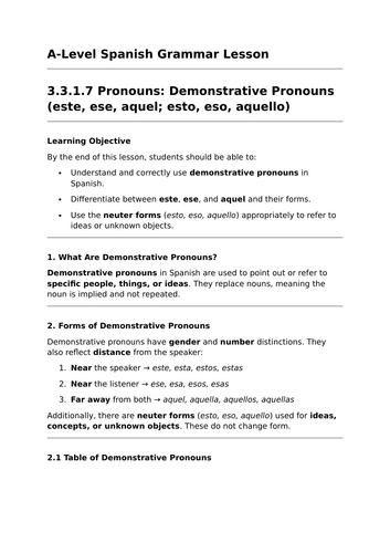 Demonstrative Pronouns - A-Level Spanish Grammar | Teaching Resources