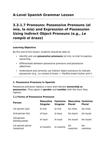 Possessive Pronouns - A-Level Spanish Grammer | Teaching Resources
