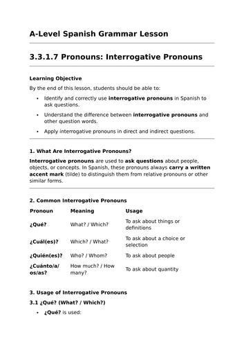 Interrogative Pronouns - A-Level Spanish Grammar | Teaching Resources