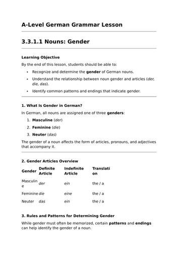 Gender of Nouns - A-Level German Grammar | Teaching Resources