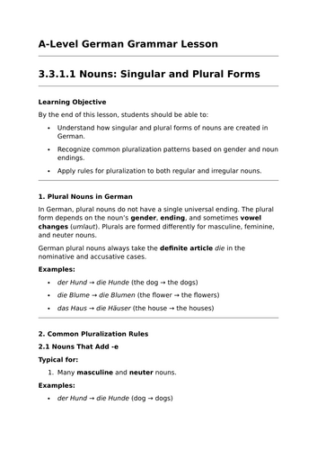 Singular and Plural Nouns - A-Level German Grammar | Teaching Resources