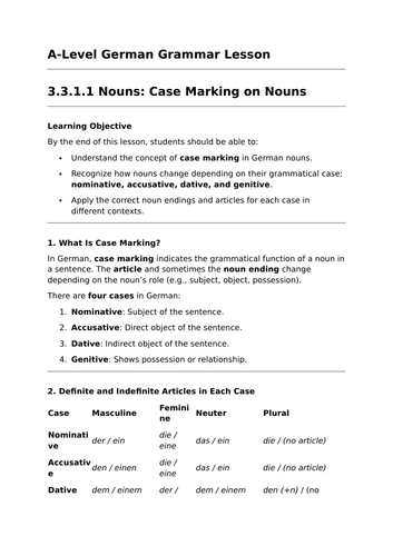 Case Markings on Nouns - A-Level German Grammar | Teaching Resources