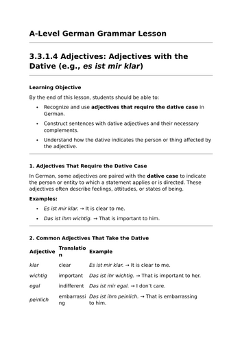 Adjectives with the Dative - A-Level German Grammar | Teaching Resources