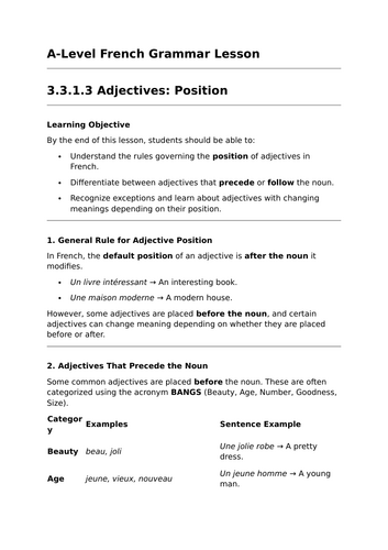 Adjective Positions - A-Level French Grammar | Teaching Resources