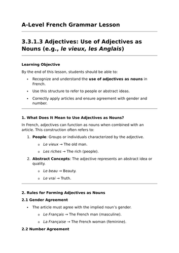 Use of Adjectives as Nouns - A-Level French Grammar | Teaching Resources