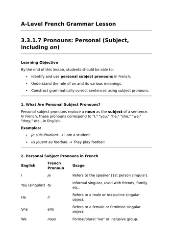 Personal Pronouns - A-Level French Grammar | Teaching Resources