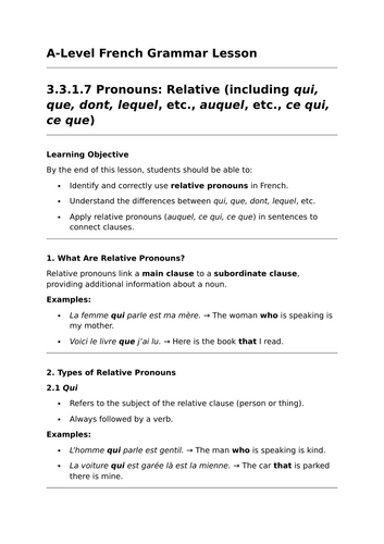 Relative Pronouns - A-Level French Grammar | Teaching Resources