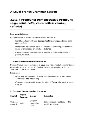 Demonstrative Pronouns - A-Level French Grammar | Teaching Resources