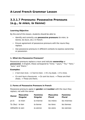 Possessive Pronouns - A-Level French Grammar | Teaching Resources