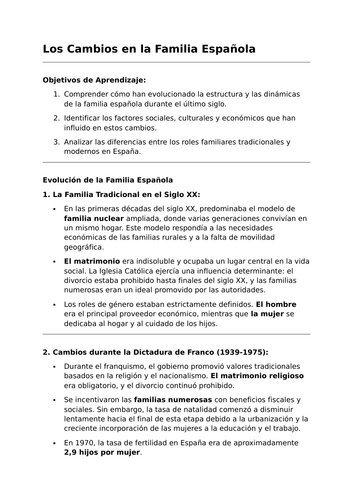 Los Cambios en la Familia - A-Level Spanish Lesson | Teaching Resources