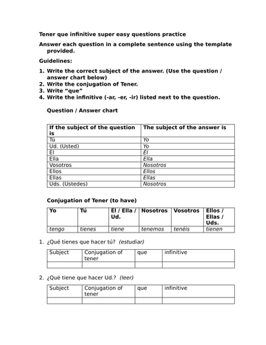 Tener que infinitive super easy questions practice | Teaching Resources