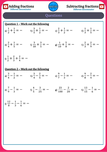Adding and subtracting fractions with unlike denominators | Teaching Resources