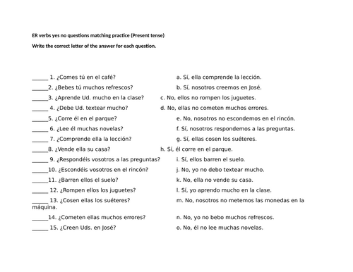 ER verbs yes no questions matching practice | Teaching Resources