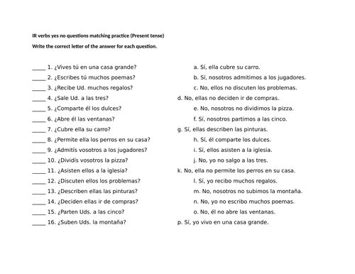 IR verbs yes no questions matching practice | Teaching Resources