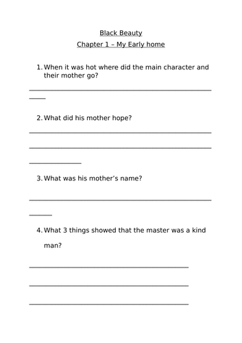 Black Beauty Chapter 1 reading comprehension | Teaching Resources