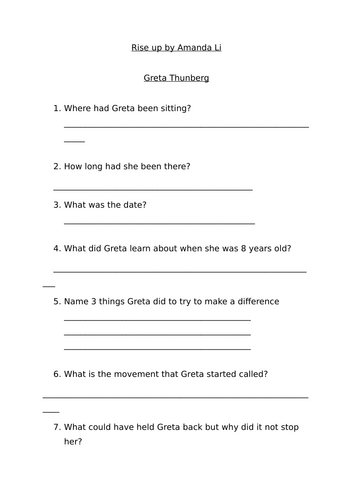 Rise up by Amanda Li Greta Thunberg reading comprehension | Teaching ...