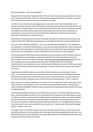 New Year Resolutions - assembly transcript - by Johnnie Young ...