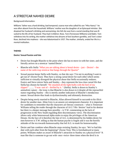 A LEVEL ENGLISH LITERATURE revision notes "A STREETCAR NAMED DESIRE ...