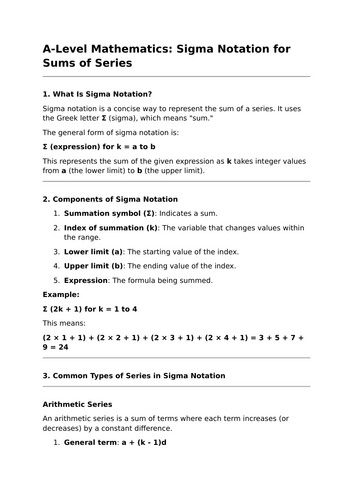 Sigma Notation - A-Level Maths Revision Summary | Teaching Resources