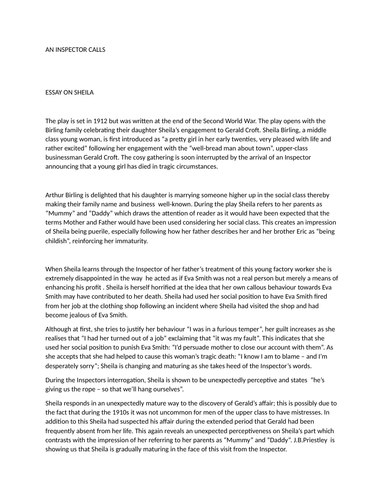 GCSE ENGLISH LITERATURE: Essay with teacher's comments: Sheila "An ...