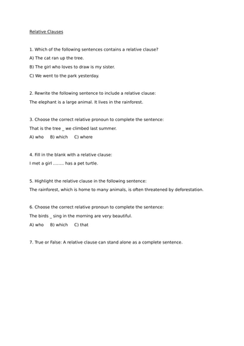 Relative Clauses - Year 4 Sentence Task | Teaching Resources