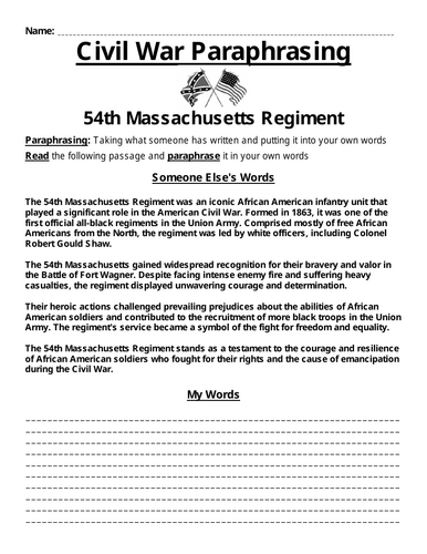 54th Massachusetts Regiment Paraphrasing Worksheet | Teaching Resources
