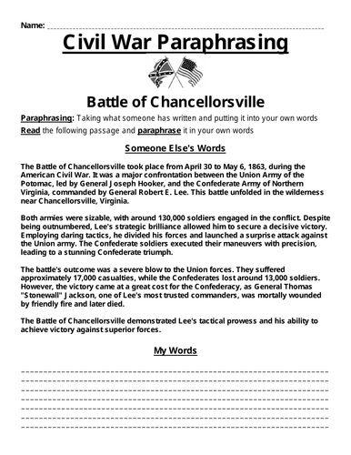 Battle of Chancellorsville Paraphrasing Worksheet | Teaching Resources