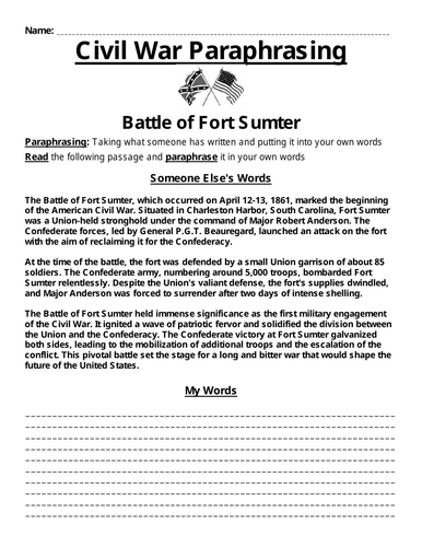 Battle of Fort Sumter Paraphrasing Worksheet | Teaching Resources