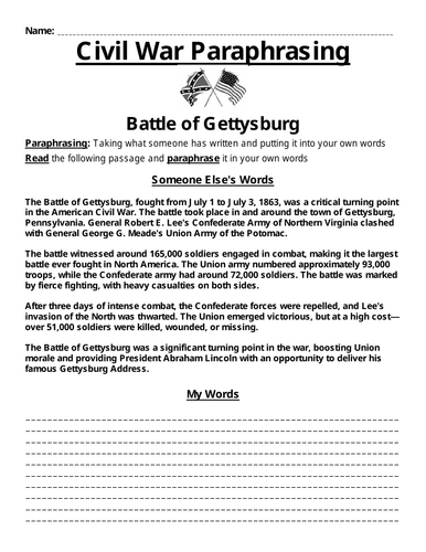 Battle of Gettysburg Paraphrasing Worksheet | Teaching Resources