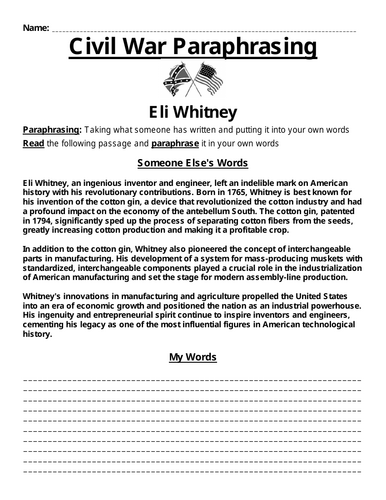 Eli Whitney Paraphrasing Worksheet | Teaching Resources