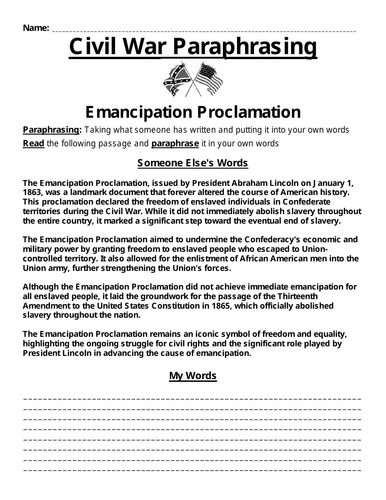 Emancipation Proclamation Paraphrasing Worksheet | Teaching Resources