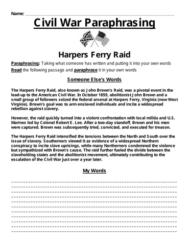 Harpers Ferry Raid Paraphrasing Worksheet | Teaching Resources