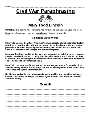 Mary Todd Lincoln Paraphrasing Worksheet | Teaching Resources